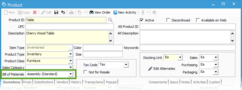 Create and Build a Standard Assembly Product | Acctivate Help